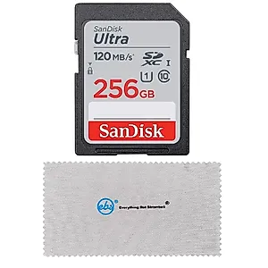 SanDisk SD Ultra Memory Card Works with Canon EOS M200, M100, M50, M5, M6 Mirrorless Camera (SDSDUN4-256G-GN6IN) Bundle with (1) Everything But Stromboli Micro Fiber Cloth (Class 10 256GB)
