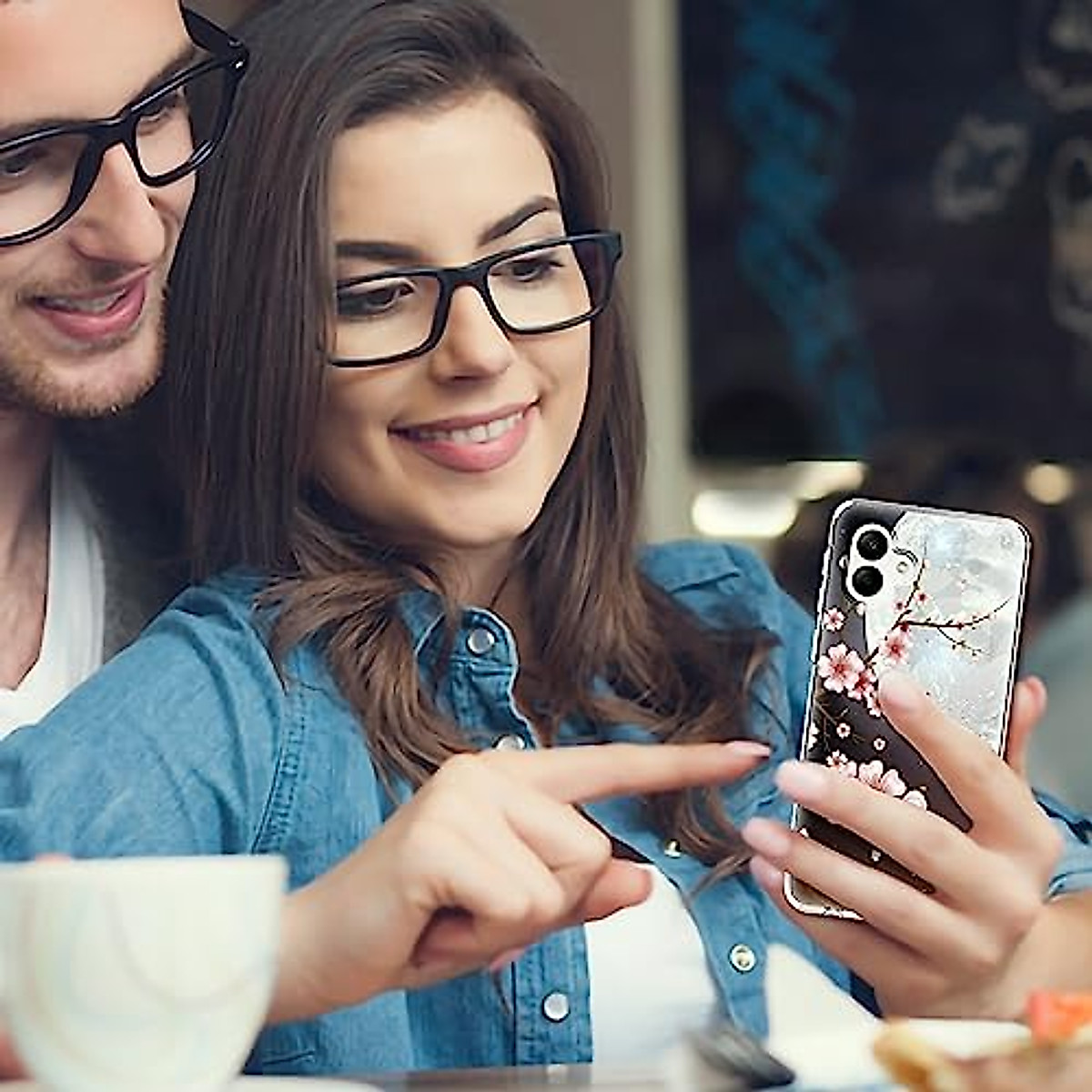 SROJDHFJB Phone Case for Samsung Galaxy A04 4G, Clear Cover for Galaxy A04 4G Dual Layer Soft Rubber Shockproof Bumper Anti-Scratch Hard PC Back, Girls Shell with Moon Sakura Dsigned