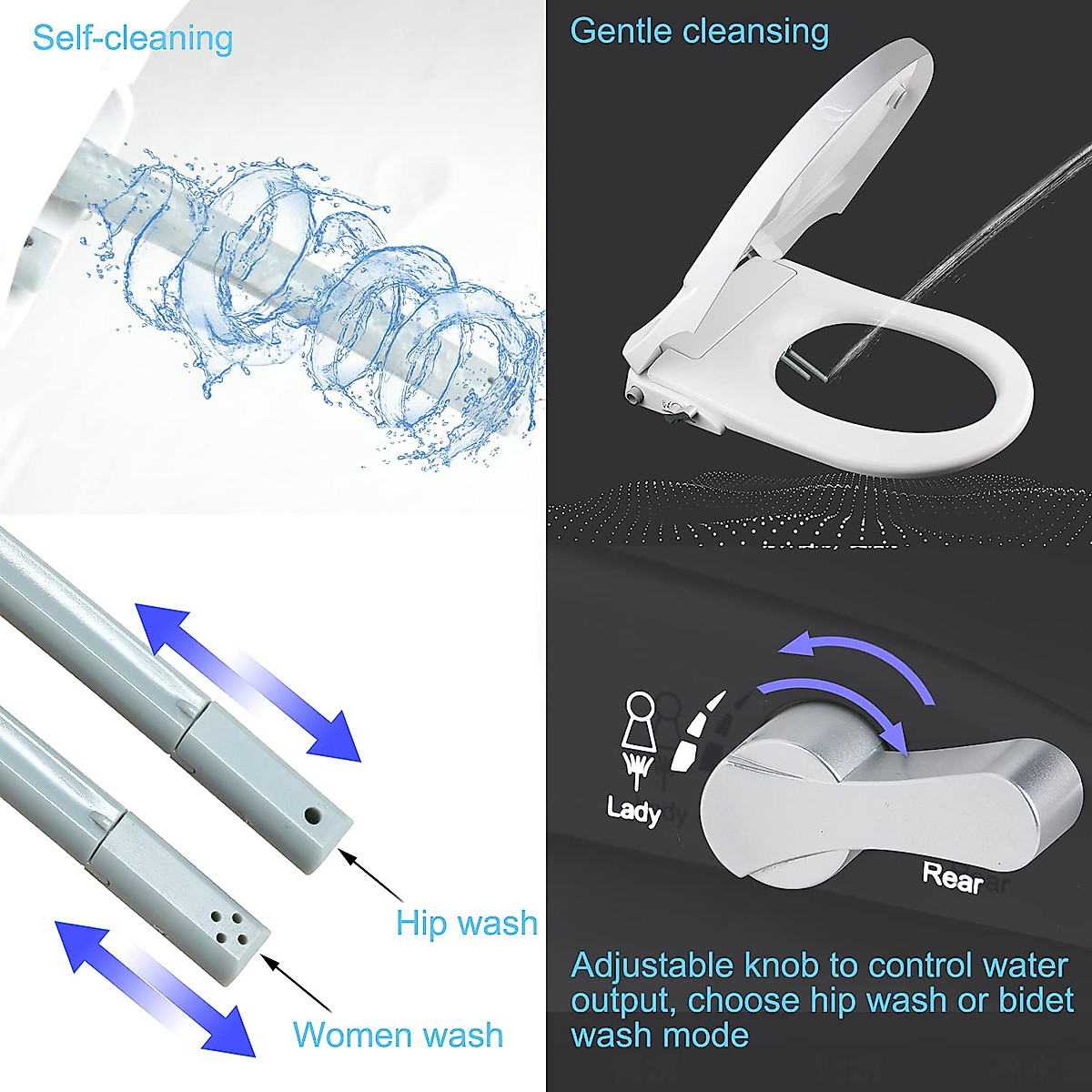 TRIZZI Bidet Toilet Seat for Elongated Toilets Soft Closing Toilet Seat Cover Lid One Key Operation No-Electric Adjustable Water Pressure Aqua Wash Bidet Seat with Double Self-cleaning Nozzle Bidet