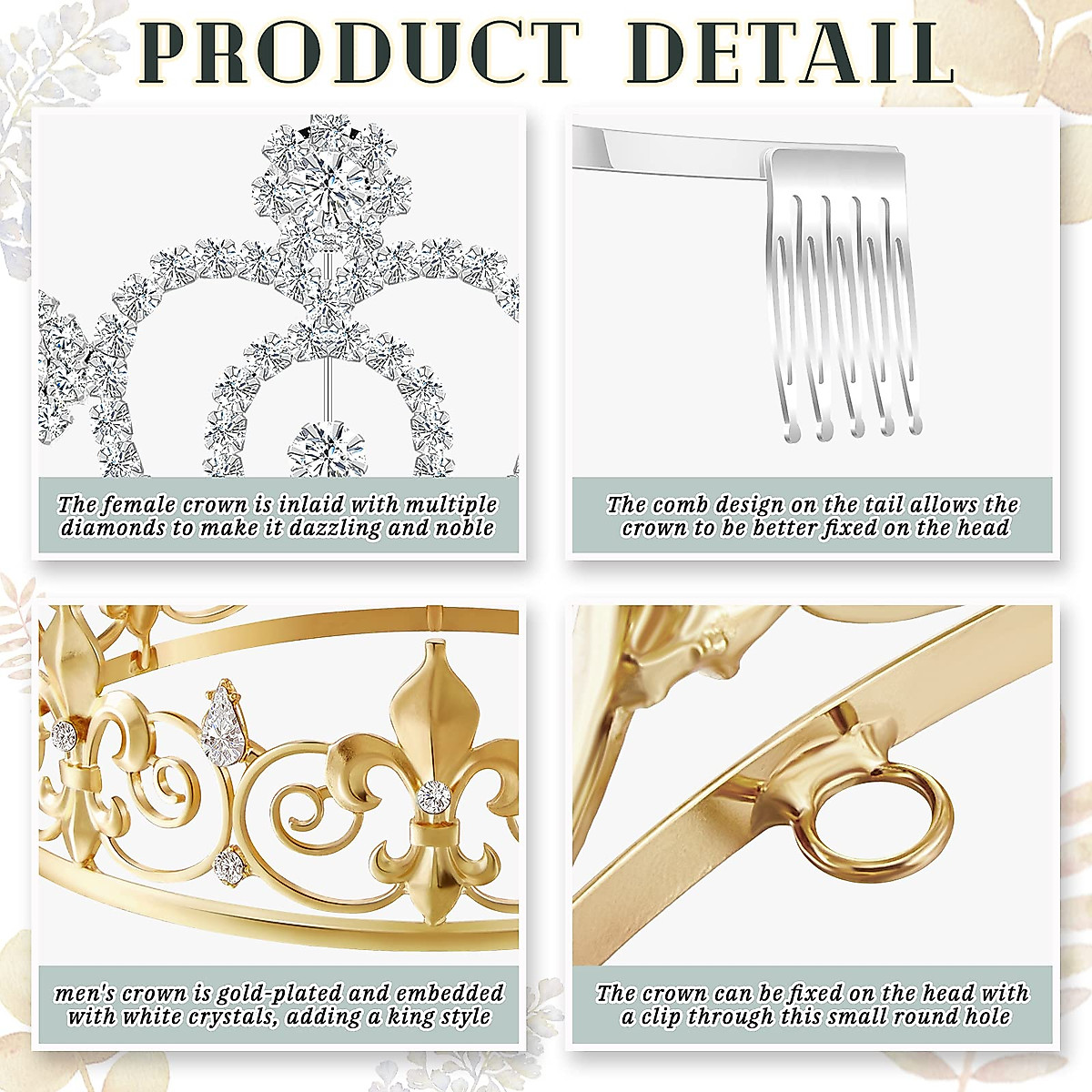 King Crown 2 Pcs Royal King Crown Metal Crystal Tiara Crown for Men Women Bridegroom Bride Princess for Wedding Halloween (Rhinestone Style)