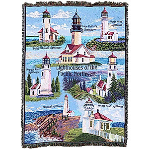 Lighthouses of the Pacific Northwest Blanket - Pt Robinson Umpqua River Noth Head Yaquina Cape Flattery Heceta Mukilteo - Coastal Ocean Gift Tapestry Throw Woven from Cotton - Made in the USA (72x54)