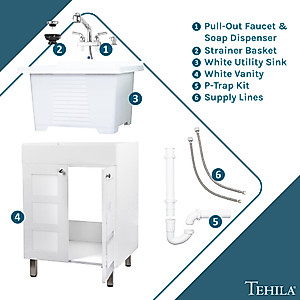 JS Jackson Supplies Utility Sink with White Vanity Cabinet, Chrome Finish Pull-Out Sprayer Faucet, Soap Dispenser and Spacious Vanity for Laundry Room