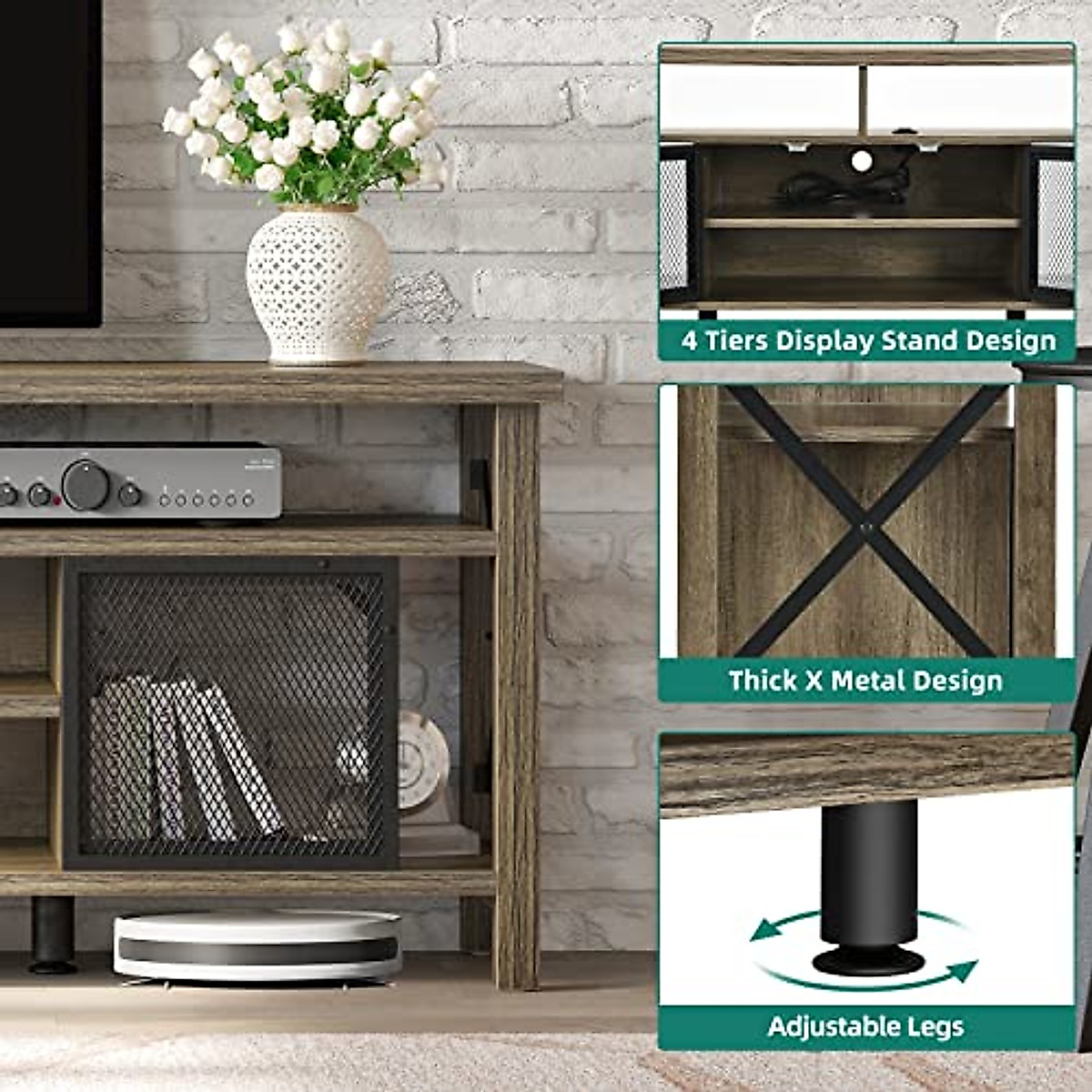 YITAHOME Industrial TV Stand for TVs up to 65 Inch with Power Outlet, Rustic Farmhouse Entertainment Center, Wood TV Media Console and Adjustable Shelves, 300 Capacity, Grey Wash