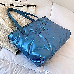 AZURAOKEY Puffer Tote Bag for Women, Quilted Cotton Padded Handbag, Women Shoulder Bags Soft Large Capacity Top-handle Bags Warm Zipper Simple Portable Lightweight for Girls Shopping-Blue