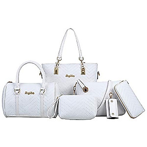 Women Handbags 6 Pcs Set PU Top Handle Purse Splicing Shoulder Crossbody Bag Tote Satchels Clutch Card Holder White