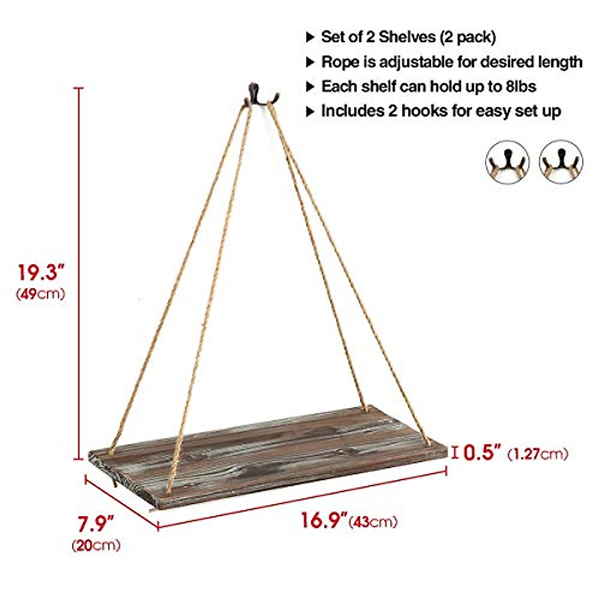 J JACKCUBE DESIGN Hanging Shelves Wall Plant Shelf Floating Shelves with Rope for Bedroom Bathroom Living Room Farmhouse Boho Room Decor, Triangle Rope Rustic Wood Display Shelf(Set of 2) - MK555AA