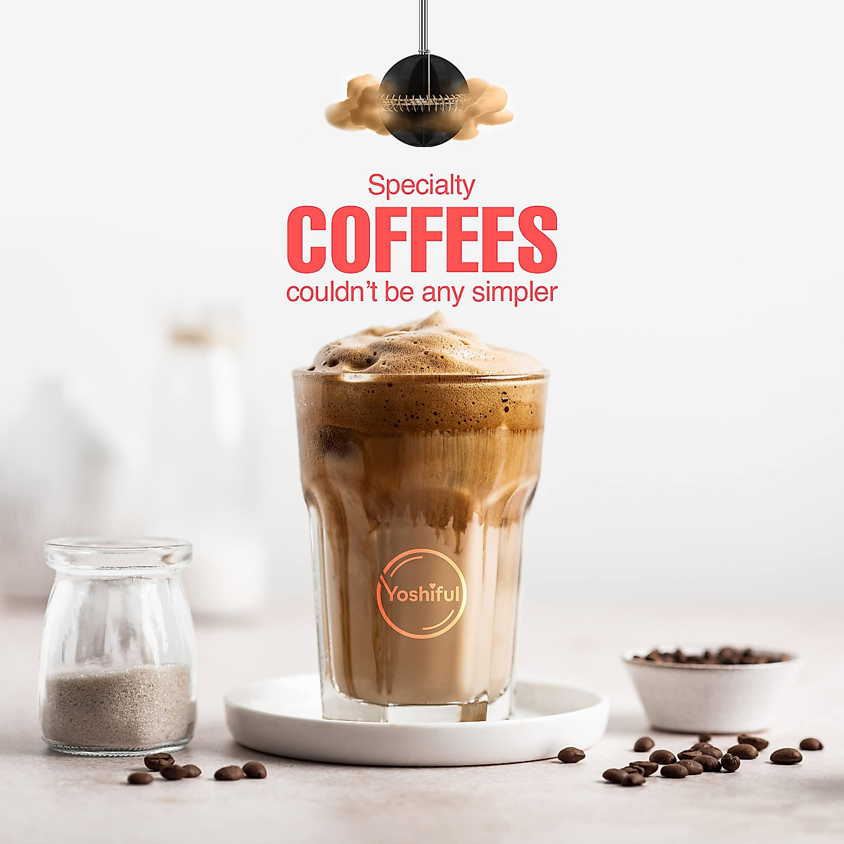 YOSHIFUL Milk Frother for Coffee with Deluxe Stand - Coffee Frother Handheld Foam Maker for Lattes - Turbine Whisk Drink Mixer Handheld - Frother Wand Stirrers Electric for Cappuccino, Matcha (Pink)