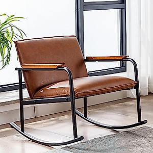 DUOMAY Modern Accent Rocking Chair Set of 2, Mid Century Upholstered Glider Rocker Armchair with Metal Base PU Leather Nursery Glider Chair with Wooden Grips for Living Room Bedroom, Brown