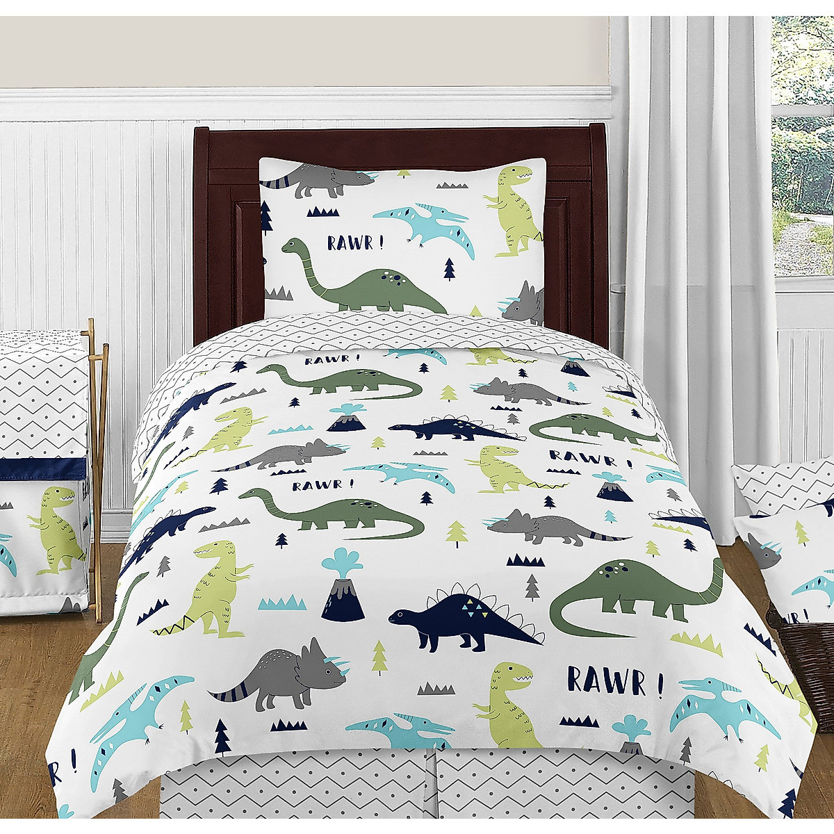 Sweet Jojo Designs Mod Dino Boy Fitted Crib Sheet Baby or Toddler Bed Nursery Photo Op - Blue, Green and Grey Rawr Modern Dinosaur