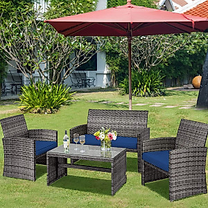 Toolsempire Outdoor Conversation Set, 4 Pieces Wicker Patio Furniture Set with Ergonomic Curved Design, Patio Chair Set with Water-resistant Cushion & Tempered Glass Table for Balcony,Porch(Navy Blue)