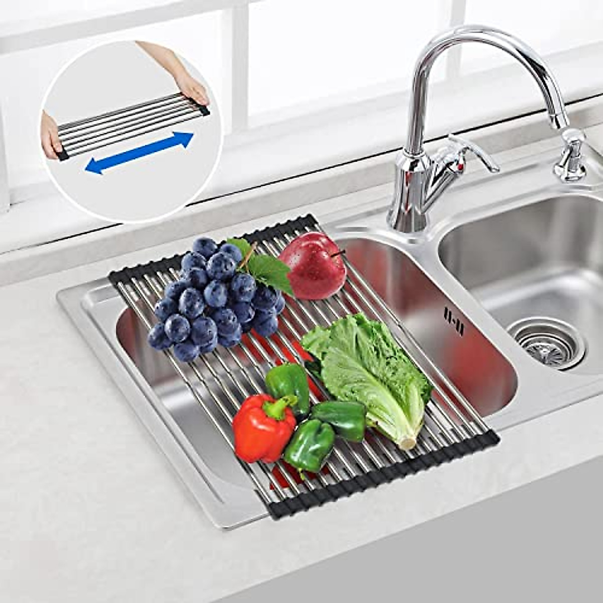 ARAINY Large Telescopic Drain Rack Roll Up Dishes Drying Rack Expandable Kitchen Sink Rack Over The Sink Dish Drying Rack SUS304 Stainless Steel Dish Rack (21.25''x12.79'')