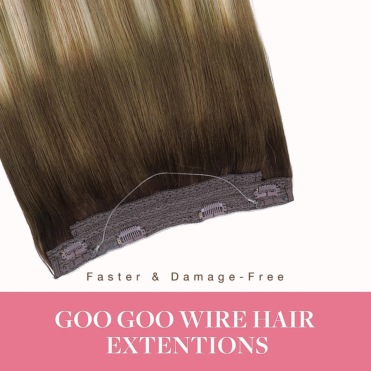 GOO GOO Wire Hair Extensions Human Hair, 3/8/613 Walnut Brown with Ash Brown and Bleach Blonde Balayage 18inch 95g, Invisible Wire Hair Extensions with Transparent, Seamless Fish Line Hairpiece