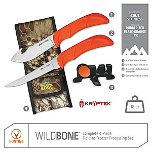 OUTDOOR EDGE WildBone, 4-Piece Hunting Knife Set, Field Dressing & Game Processing Knives - Gut-Hook Skinning & Boning/Fillet Knife, Carbine/Ceramic Sharpener, Camo Belt Scabbard - Deer & Elk