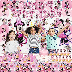 Pink Mouse Party Supplies, Pink Mouse Birthday Party Decorations Include Banner, Hanging Swirls, Cake Foil Balloons, Latex Balloons, Cake Toppers, Tableware, Tablecloth