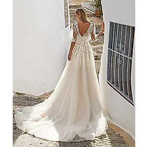 YMSHA Ball Gown Wedding Dresses Ivory Long Spaghetti Straps Sleeveless Lace Appliques Bohemian Bridal Gowns for Wedding Party 10