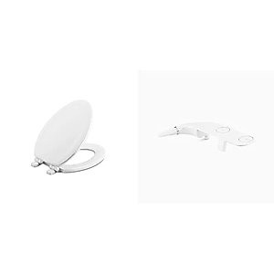 KOHLER 20466-0 Stonewood Toilet Seat, Quiet-Close Elongated, Slow Close, Wooden Toilet Seat, White & Purewash Toilet Seat Attachment for Bidet functionality, 22860-0, White