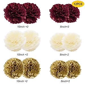 Decorations 2024 Maroon Graduation/Burgundy Gold Cream Birthday Decorations for Women 40th/50th Birthday 12pcs Tissue Paper Pom Poms Maroon Burgundy Gold Wedding/Bridal Shower Retirement Decorations