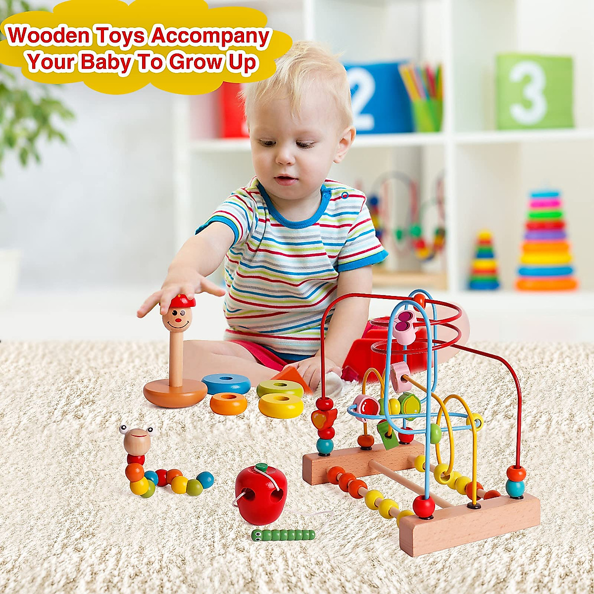 SHIERDU Four-in-one Early Education Set Bead Maze Toy for Toddlers Montessori Activity Caterpillars Eat Apple Wooden Rainbow Stacker Twisting Caterpillar Toddler Activity Center Portable Travel Toys