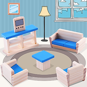 Toydaze Wooden Dollhouse Furniture Set with 35pcs Furnitures with 4 Family Dolls, Dollhouse Accessories are Gift for Girls Boys Age 3+