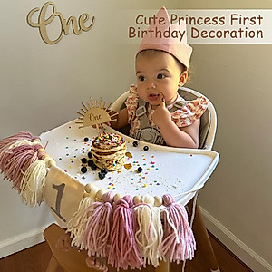 Ikubigu Highchair Banner for 1st Birthday, Handmade Birthday Crown, Highchair Banner, Cake Topper, Baby Shower Photo Props, Birthday Party Decorations Set for Baby Girl Baby Boy(Pink)