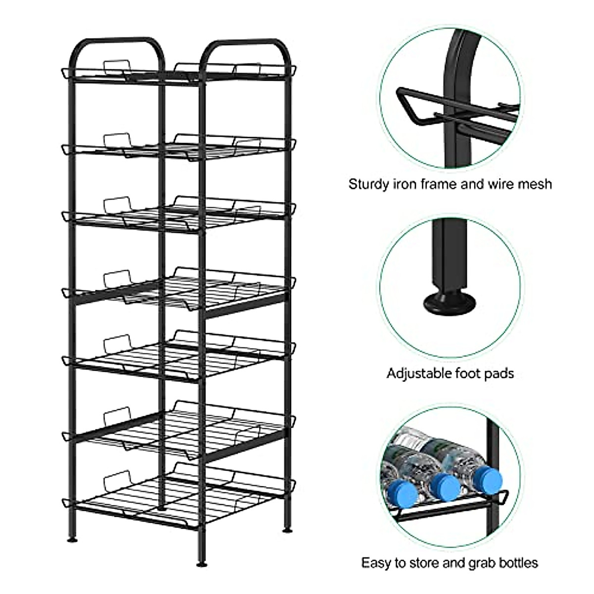 Water Bottle Organizer 7 Tier Free Standing Water Bottle Storage Organizer Metal Bottle Rack Holder Stand Shelf for Kitchen Pantry Food Storage (Black)