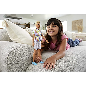 Barbie Fashionistas Ken Doll #174 with Sculpted Blonde Hair Wearing Surf-Inspired Checkered Shirt, Denim Shorts & Deck Shoes