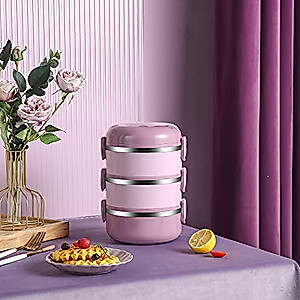 DILUOOU Stackable Lunch Box, 3 Tier Stainless Steel Thermal Lunch Box,Bento Lunch Box for Adult With Lunch Bag & Utensils (Pink)