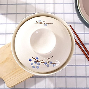 WHJY Japanese Creative Hand-painted Ceramic Tableware with Lid for Soup and Noodles, with Heat Preservation Function, Integrated Bowl and Lid - Blue Plum