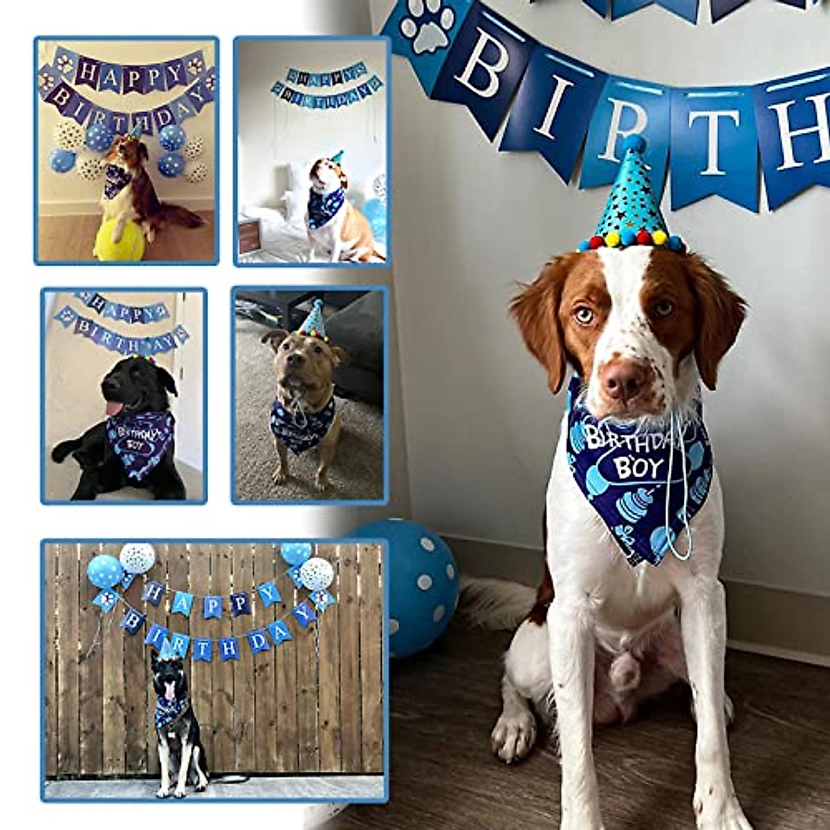 TCBOYING Dog Birthday Bandana, Dog Birthday Boy Hat Scarfs Flag Balloon with Cute Doggie Birthday Party Supplies Decorations(11-Piece Set) (Blue)