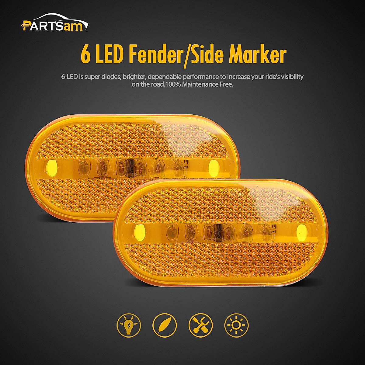 Partsam 2Pcs [DOT Certified] Amber 4 Inch LED Trailer RV Camper Side Marker Clearance Lights Lamps 6 Diodes with Reflex Lens Surface Mount Reflective 2x4 Rectangle Truck Marker Lights Front Rear