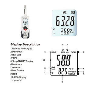 Hygro-Thermometer Psychrometer, Handheld Digital Humidity Temperature Meter with Dew Point and Wet Bulb Temperature, Dual Display Temperature & Humidity, Hti-Xintai