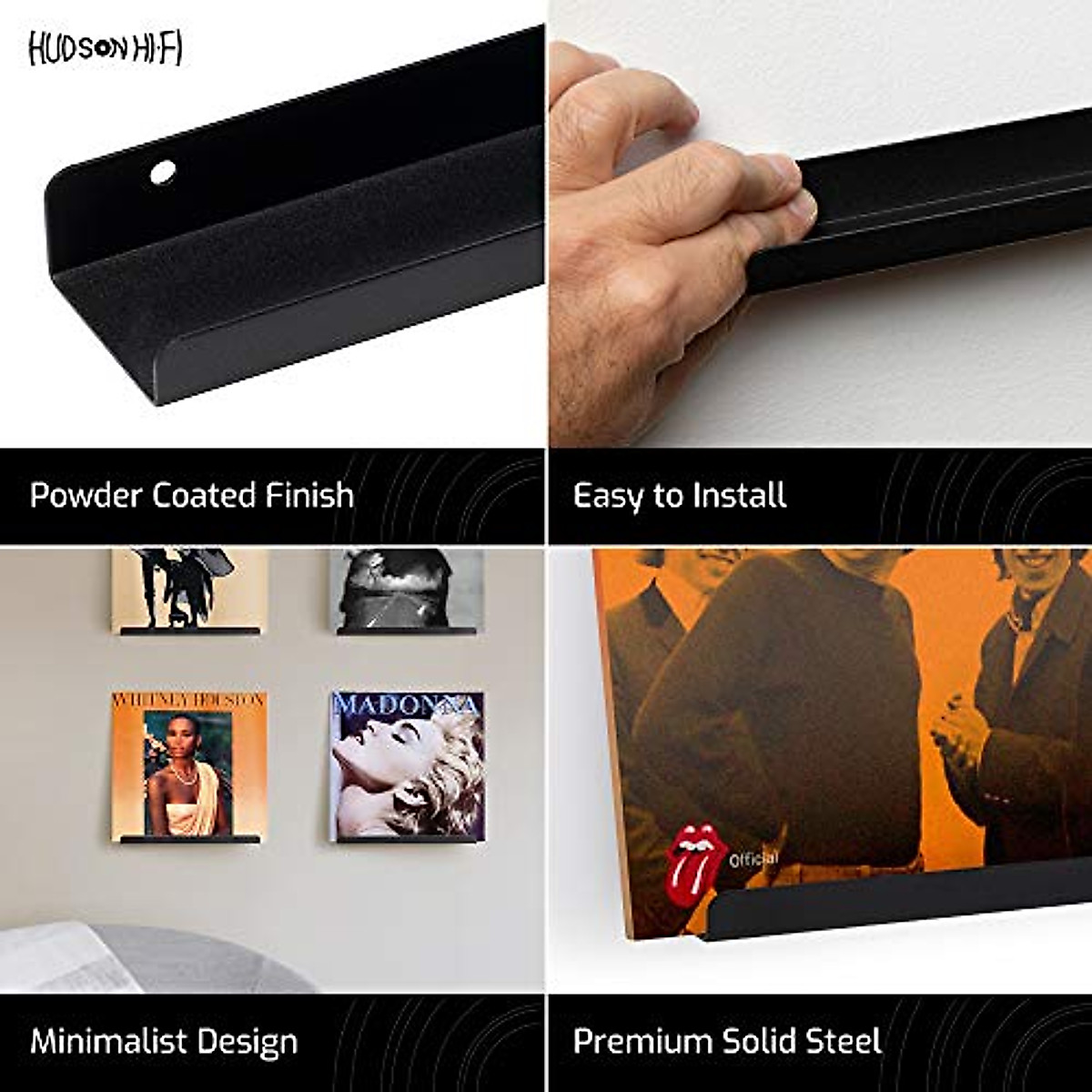 Hudson Hi-Fi Floating Vinyl Shelves - Vinyl Record Wall Shelves for Quick Access & Safekeeping - 4-Pack Black Satin Wall Shelves & Record Storage Wall - Minimalist Album Mount for Wall