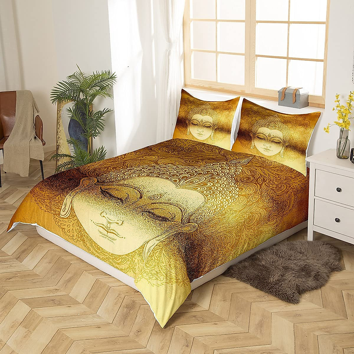 Erosebridal Golden Mandala Duvet Cover King Asian Culture Theme Decor Bedding Set 3 Pieces Exotic Retro Style Comforter Cover for Adult Women Teen Kids Ultra Soft Bedspread with Zipper Ties