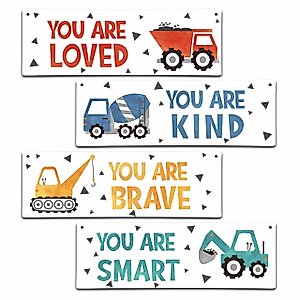 4 Pieces Construction Vehicles Decor Kids Room Wall Decor Wooden Sign - Motivational Wall Art For Kids Room Nursery Playroom Classroom(Sign-01)