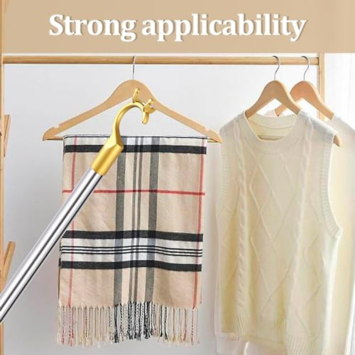 Clothes Hook Pole, Closet Hooks for Hanging Clothes,extends from 26 inches to 56 inches with hooks Long Rod, Closet Hook Rod Made of Stainless Steel,Comfortable Foam Handles and C-Head Designs