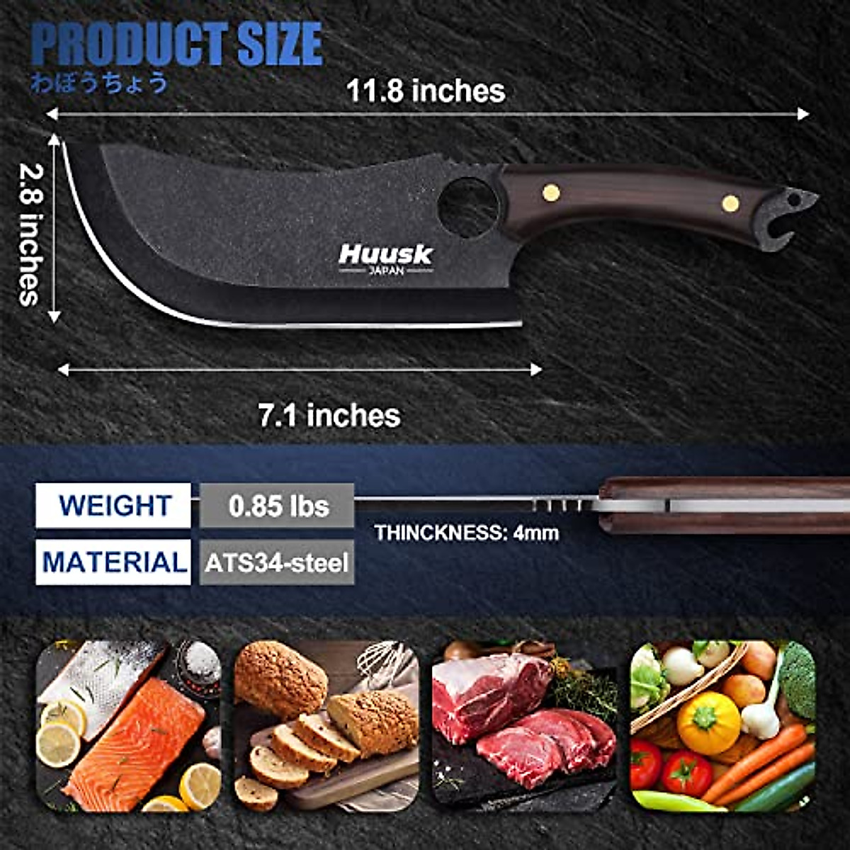 Huusk Japan Knife, Hand Forged Meat Cleaver Knives Japanese Cooking Knife Black Butcher Knife for Meat Cutting Full Tang Kitchen Knives Cleaver Knife for Kitchen, Camping Thanksgiving Christmas Gifts