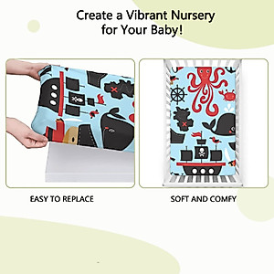 Pirate Themed Fitted Crib Sheet,Standard Crib Mattress Fitted Sheet Soft and Breathable Bed Sheets-Baby Sheet for Boys Girls,28“ x52“,Pale Blue Charcoal Grey Vermilion Sand Brown