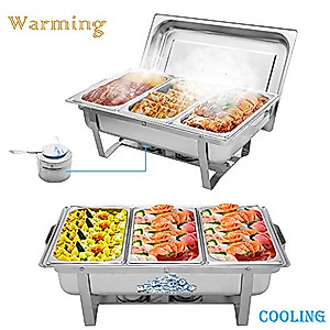 ROVSUN 8 Quart Chafing Dish Buffet Set, Stainless Steel Catering Serve Chafer, Restaurant Food Warmer, Rectangular Buffet Stove with 3 1/3 Size Food Pans and Foldable Frame for Party (1 Pack)