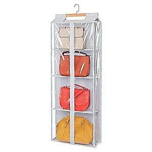 Msoesticc.dl Clear Hanging Handbag Purse Organizer with Zipper, Dustproof Hanging Closet Purse Organizer Space Saving Tote Bage Purse Storage Holder for Closet Wardrobe - 4 Easy Access Pockets (Grey)