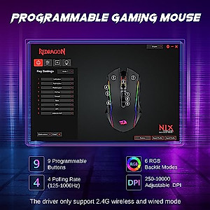 Redragon Wireless Gaming Mouse, Tri-Mode 2.4G/USB-C/Bluetooth Mouse Gaming, 10000 DPI, RGB Backlit, Fully Programmable, Rechargeable Wireless Computer Mouse for Laptop PC Mac, Black