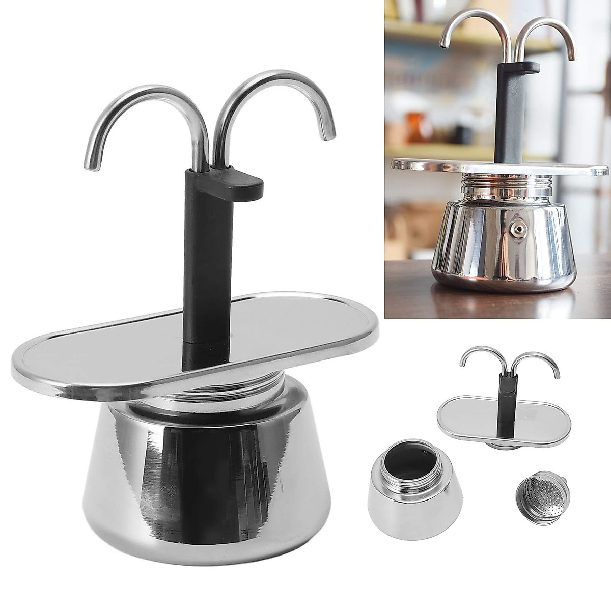 Moka Coffee Pot, Moka Pot, Moka Coffee Maker, 2 Cup 100ML Moka Pot Double Head Stainless Steel Mocha Coffee Pot Italian DIY Conduit Coffee Maker