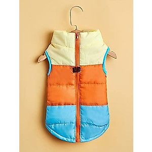 QWINEE Colorblock Zipper Back Dog Warm Jacket Coat Dog Winter Vest Clothes for Puppy Kitten Cat Small Dogs Orange and Blue L