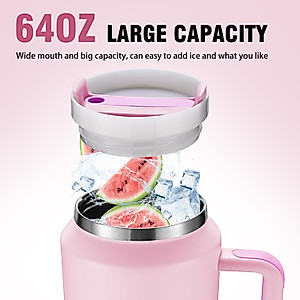 PlanetFlame 64oz Insulated Tumbler with Handle, Stainless Steel Double Wall Vacuumn Water Bottle, Lid and Straw for School, Gym, Hiking & Camping, Pink