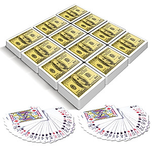 Gamie 100 Dollar Bill Playing Cards - Pack of 12 Decks - Individually Shrink Wrapped - Game Cards for Poker, Kids, Adults - Birthday Party Favor for Girls & Boys - Great Gift Idea