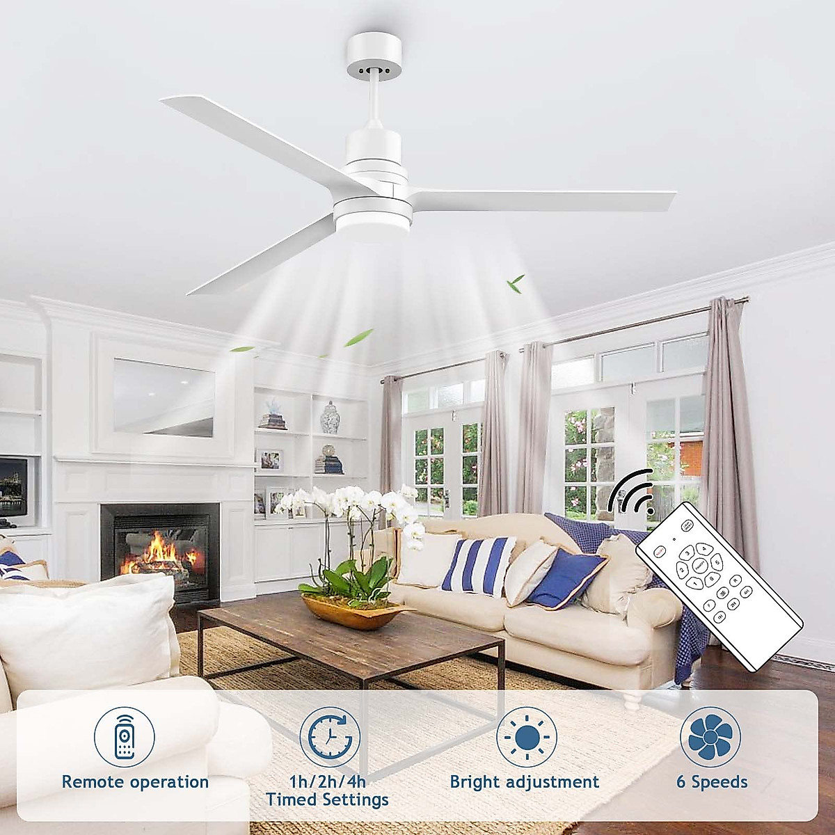 Biukis Ceiling Fans with Lights and Remote, Indoor and Outdoor , 60-inch White with Reversible DC Motor for Patio Bedroom Living Room