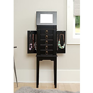 Hives and Honey Kennedy Jewelry Armoire - Modern Wood Storage Organizer with Necklace Hooks, 5 Drawers, and Vanity Mirror, Black