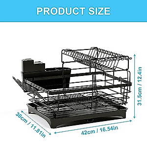 MontNorth Dish Drying Rack for Kitchen Counter, Large Rust-Proof Dish Strainer with Drainboard,2 Tier Dish Drainers with Utensil Holder, Cups Holder,Space-Saving, Easy to Assemble,Black