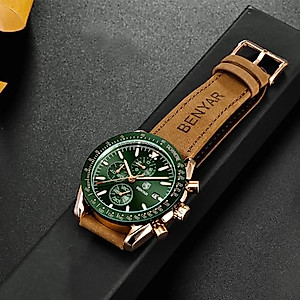 BY BENYAR Men's Watches Analog Quartz Waterproof Watch Sport Leather Watch for Men Fashion Elegant Chronograph Casual Wristwatch（Green）
