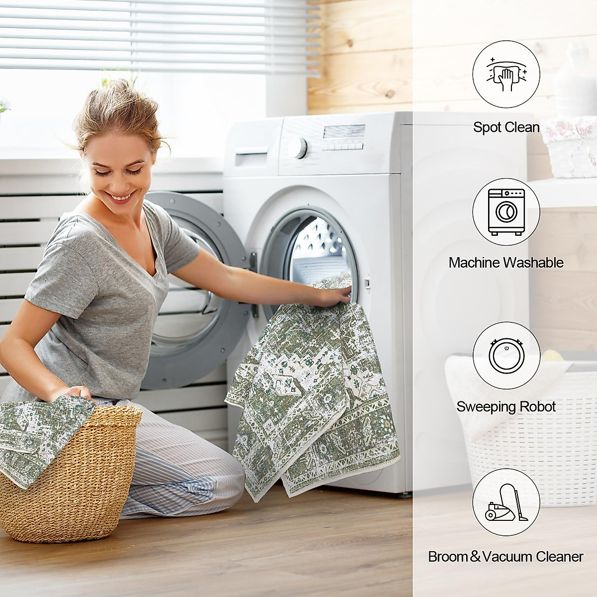 Farmhouse Area Rugs Washable Boho Living Room Vintage Olive Green 3x5 Neutral Modern Dusty Non Slip Small Carpet for Nursery Dining Room Bedroom