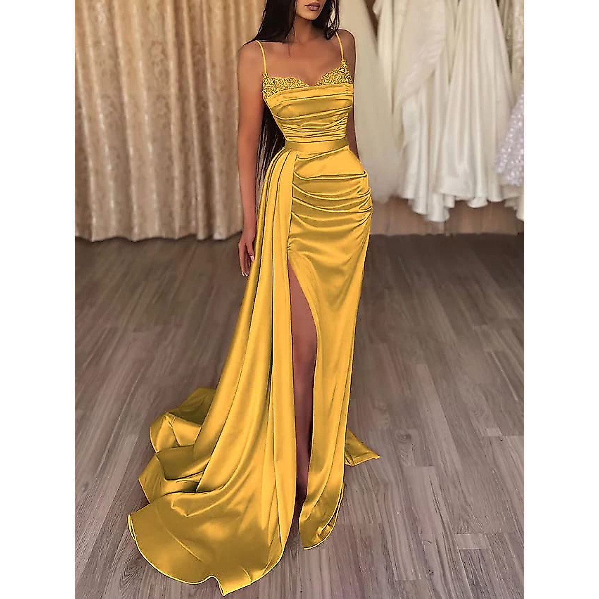 Princess Glitter Prom Dresses for Women with Train Mermaid Sequin Ruffled Satin Evening Formal Gowns Wisteria Size 8